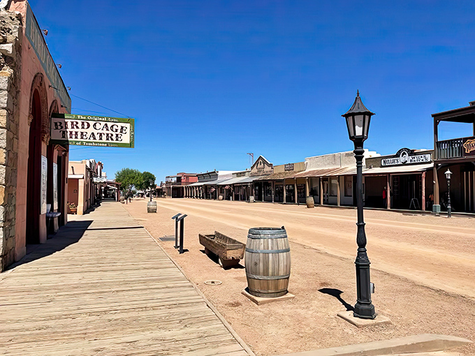 Allen Street stretches before you like a time portal, wooden boardwalks and historic facades whispering tales of gunfights past.