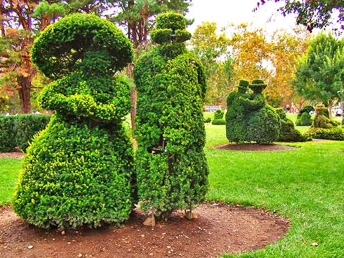 Whimsical shrub figures stand at attention like green sentinels, their rounded forms creating a playful garden tableau.