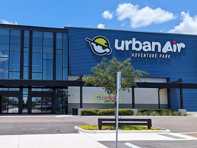 The striking blue exterior of Urban Air Adventure Park stands out like a beacon of fun against Wisconsin's sometimes-gray skies.