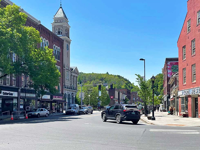 Brick buildings and mountain backdrops create the perfect small-town Vermont scene that practically begs you to explore on foot.