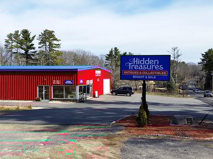 Welcome to the red barn of wonders! Hidden Treasures stands proud, a beacon of nostalgia nestled among Maine's pines.