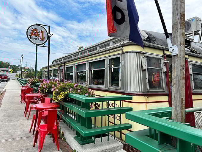 A classic American dream on wheels: The A1 Diner's vintage exterior gleams in the Maine sunshine, promising comfort food and nostalgia by the plateful.