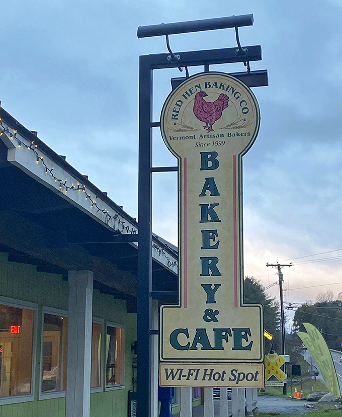 The iconic Red Hen Baking Co. sign welcomes bread enthusiasts and hungry travelers alike to this Vermont artisan bakery haven.