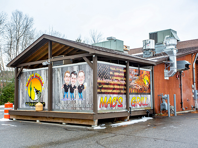 The rustic wooden exterior of Mac's Grill welcomes hungry visitors with its playful logo and the ultimate small-town endorsement: "Where the locals eat."