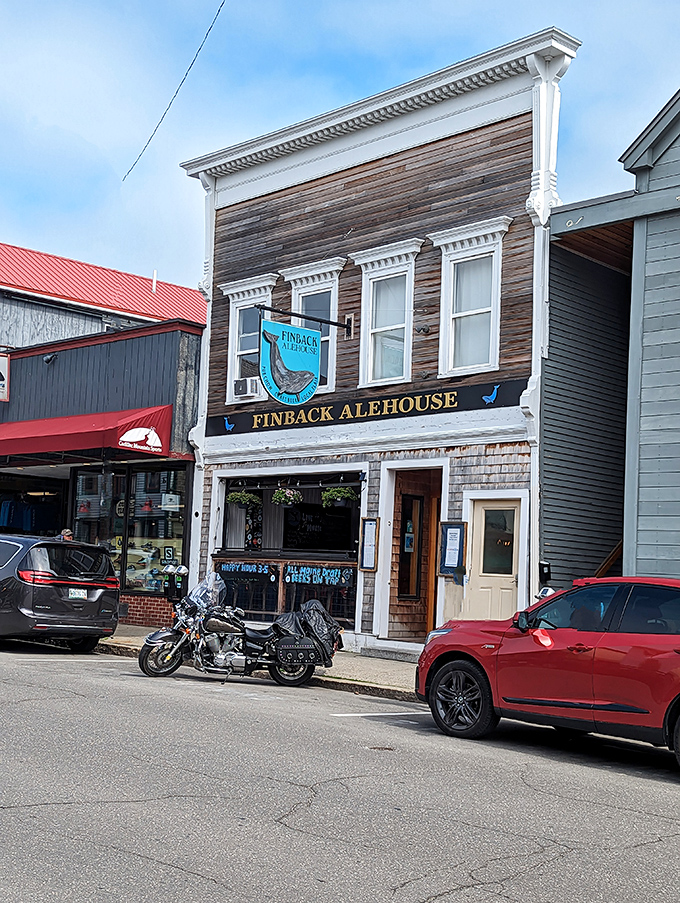 The weathered wooden facade of Finback Alehouse stands proudly on Bar Harbor's main street, its blue whale sign beckoning hungry travelers with maritime charm.