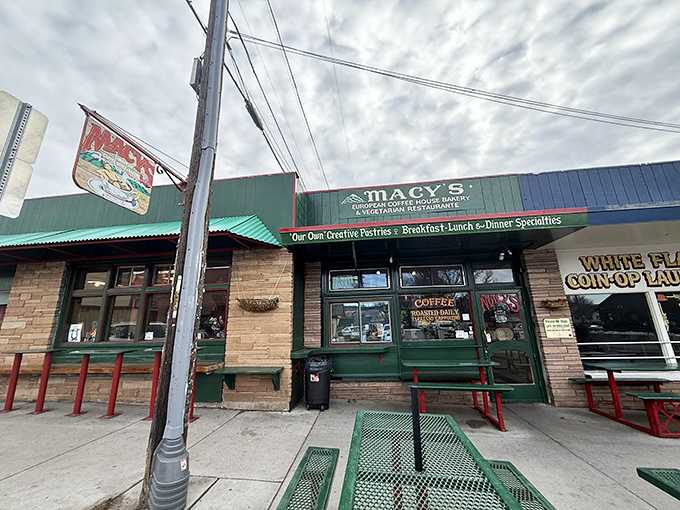 The unassuming green facade of Macy's hides a world of culinary delights, like finding a treasure chest disguised as a mailbox.