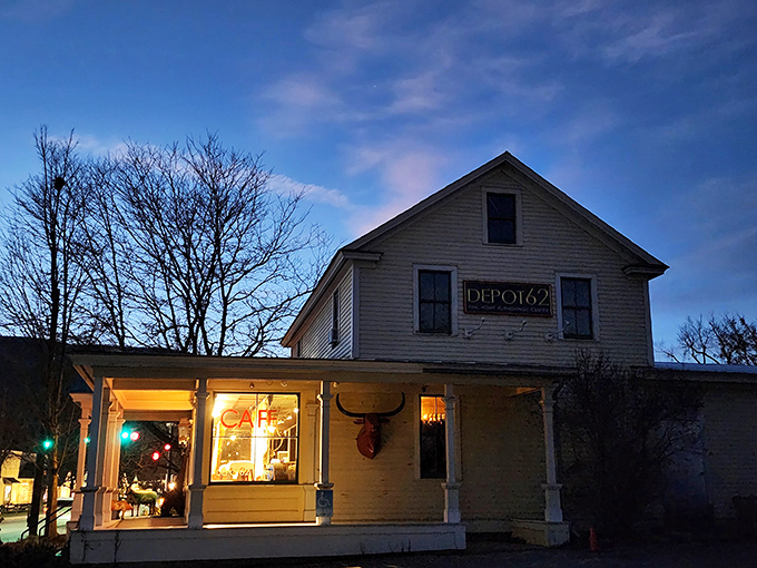 Twilight transforms Depot 62 into a glowing beacon of culinary promise, its farmhouse charm belying the Turkish treasures within.