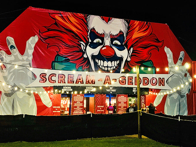 The menacing entrance to Scream-A-Geddon beckons with its fiendish clown facade and eerie lighting &ndash; dare to step inside?