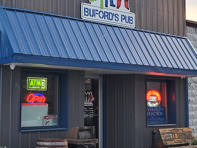 Buford's Pub welcomes hungry travelers with its no-nonsense exterior and blue awning &ndash; a humble gateway to tenderloin paradise.