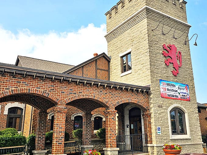 The Village Squire's castle-like exterior, complete with stone tower and red lion emblem, promises a journey to medieval England right in Crystal Lake.