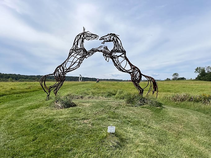Whoa, Nelly! These wild stallions are having a metal mane-tenance day. Who knew sculptures could capture such unbridled passion?