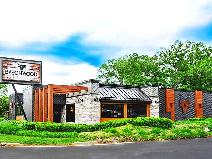 Beechwood Grill's exterior blends rustic charm with modern flair, promising culinary adventures that defy steakhouse stereotypes in Holland, Michigan.