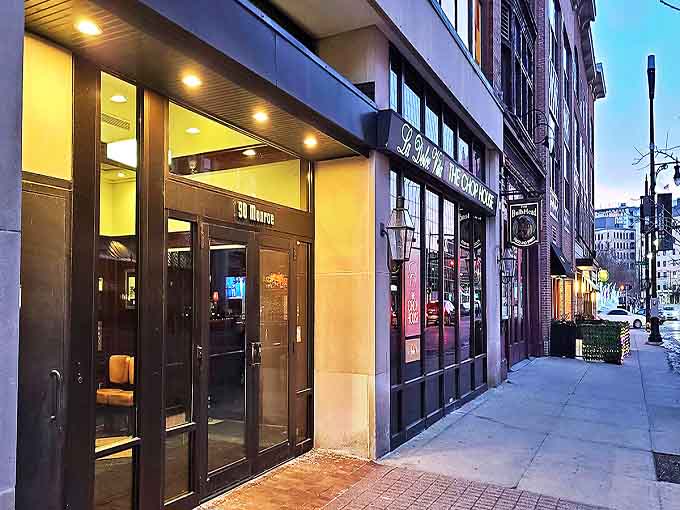 The Chop House's elegant exterior beckons hungry passersby with promises of carnivorous delights within its sophisticated walls.