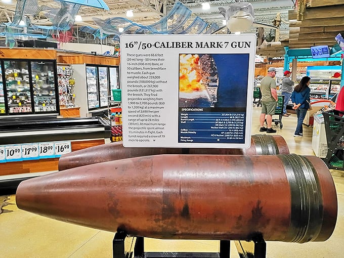 Military history meets grocery shopping with this massive artillery shell display &ndash; because nothing says "pick up milk" like naval weaponry.