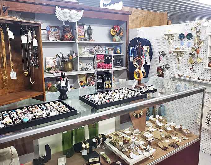 Vintage jewelry displays showcase wearable history – each brooch, ring and necklace once marked special moments in someone's life story.