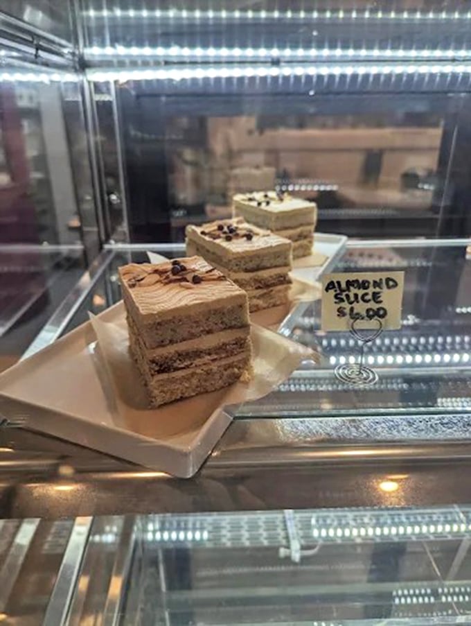 The almond slice: three layers of nutty perfection that make you wonder why you'd ever waste calories on lesser desserts.