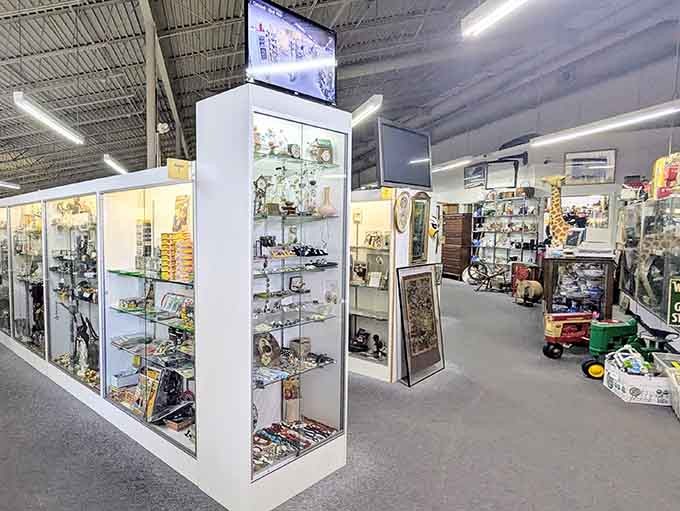Shelves stretching into the distance hold countless stories in physical form, each item a chapter in someone's life now waiting to begin a new adventure with you.
