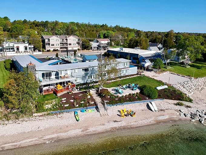 Modern lakeside accommodations offer direct beach access, blending comfort with Door County's natural splendor.