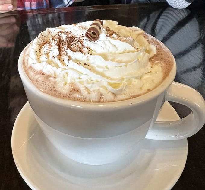 Hot chocolate crowned with whipped cream and chocolate shavings, because adulting is hard and sometimes you need liquid comfort in a mug.