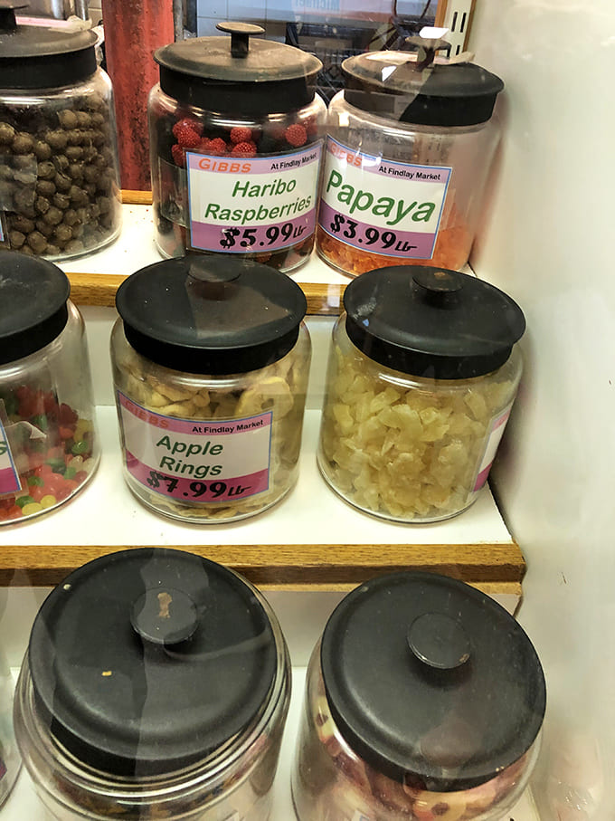 Jars of dried fruits and candies add a nostalgic touch, reminding us that good food shops offer treasures beyond the main attractions.