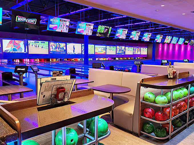 Strike a pose, then strike some pins! This cosmic bowling alley is where the Jetsons would go for their league night.