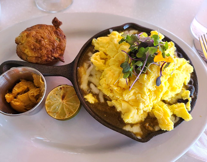 Eggs-cellent adventure awaits! This skillet is a treasure trove of morning delights, complete with a side of carb-loaded bliss.