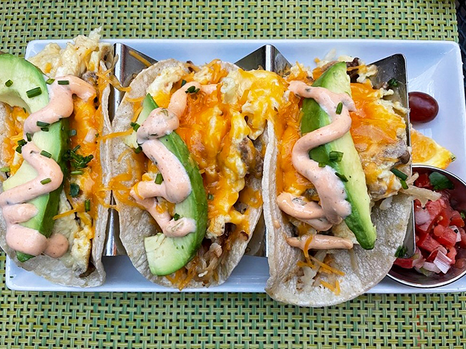 Breakfast tacos that make you question why you'd ever eat anything else before noon&mdash;avocado slices like butter on top.