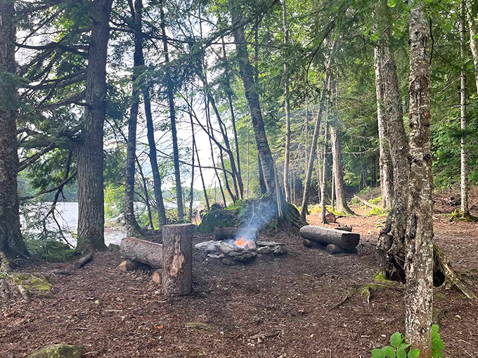 Primitive campfire rings along the shoreline offer the perfect spot for storytelling and s'mores as twilight settles over the reservoir.