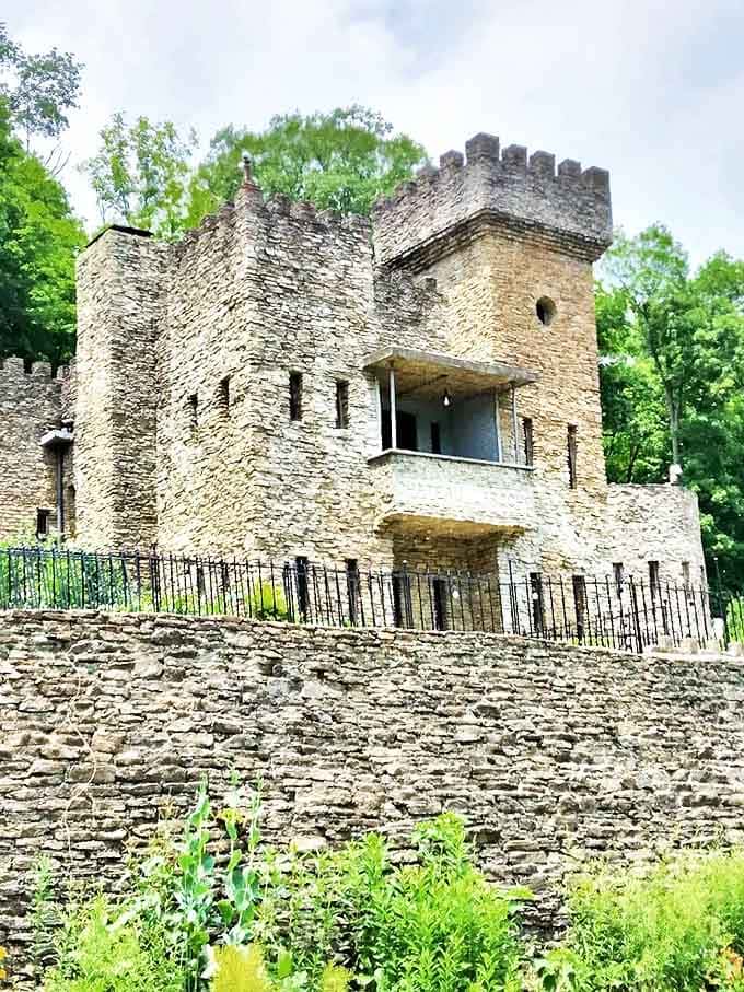 The castle tower reaches skyward, its weathered stones telling tales of decades of Ohio winters, summers, and curious visitors.