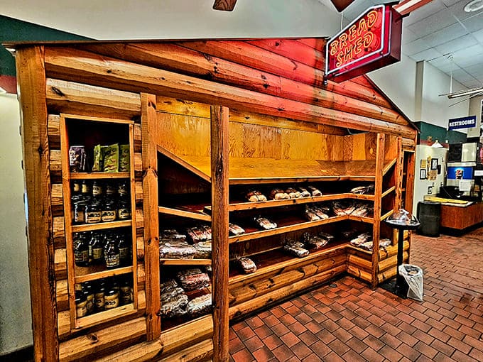 The bread shed area stocks fresh baked goods like a wooden cabin decided to become a bakery, which is very on-brand for Minnesota.