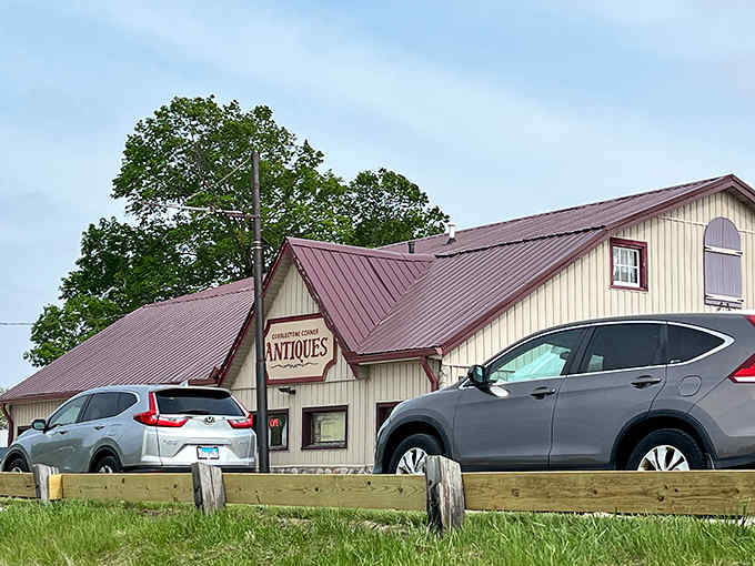 The exterior view reveals the unassuming charm of Cobblestone Corner &ndash; like finding a treasure chest disguised as a humble barn.