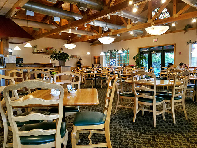 Another angle reveals more of that rustic charm, with exposed beams overhead reminding you that good food doesn't need fancy surroundings.