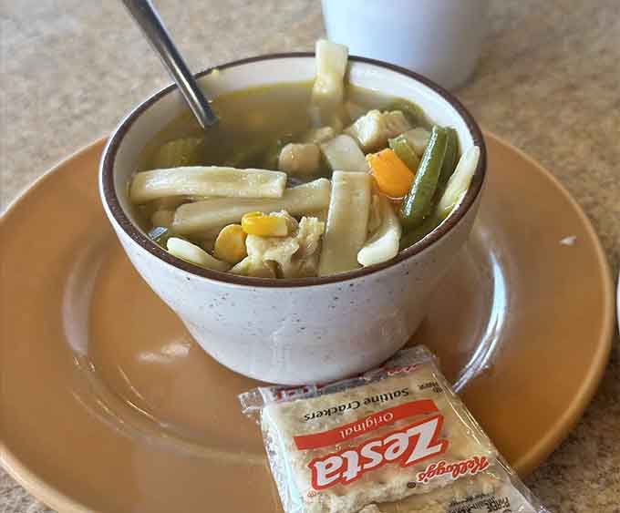 Chicken noodle soup that actually has chicken and noodles in it, a concept that seems simple but is executed with genuine care here.