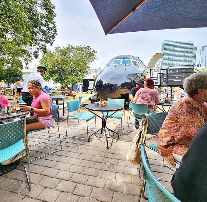 Customers enjoy their coffee experience with the distinctive nose of the aircraft providing an unusual backdrop to casual conversations.