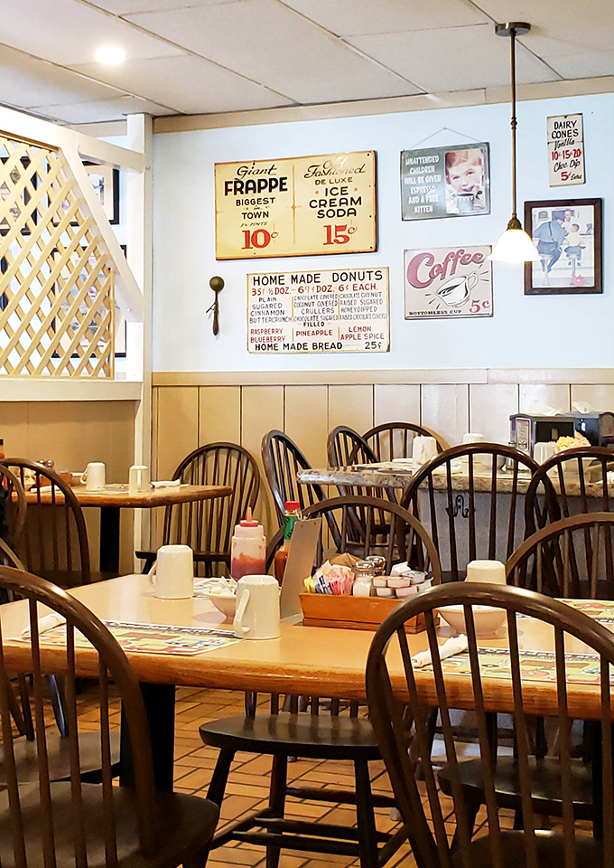 The dining room exudes classic New England charm with wooden furnishings that have witnessed countless family gatherings and first dates. 