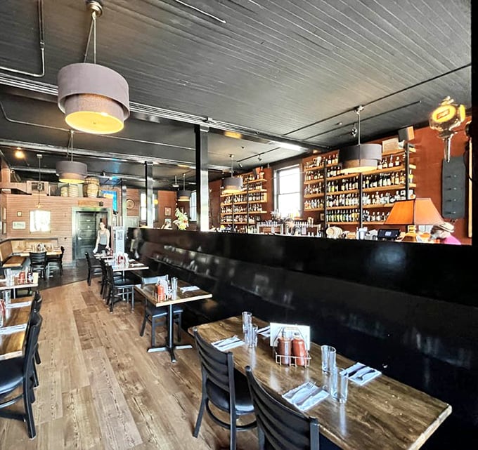 Simple wooden tables and comfortable seating invite you to settle in rather than rush through your meal &ndash; the dining room designed for lingering conversations and second rounds.