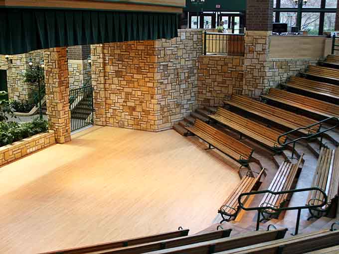 Theater seating provides respite for weary adults while kids absorb culture, or at least sit still for twenty minutes.