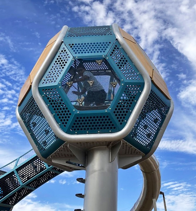 Peering into this hexagonal play pod reveals a command center for imagination &ndash; part spaceship, part observation deck, entirely magical.