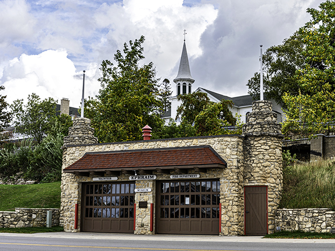Ephraim's historic fire station stands guard, its stone walls having protected this cherished village for generations.