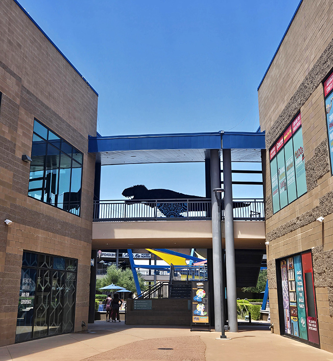 Modern architecture houses ancient wonders within. The contemporary exterior creates a striking contrast with the prehistoric adventures waiting inside.