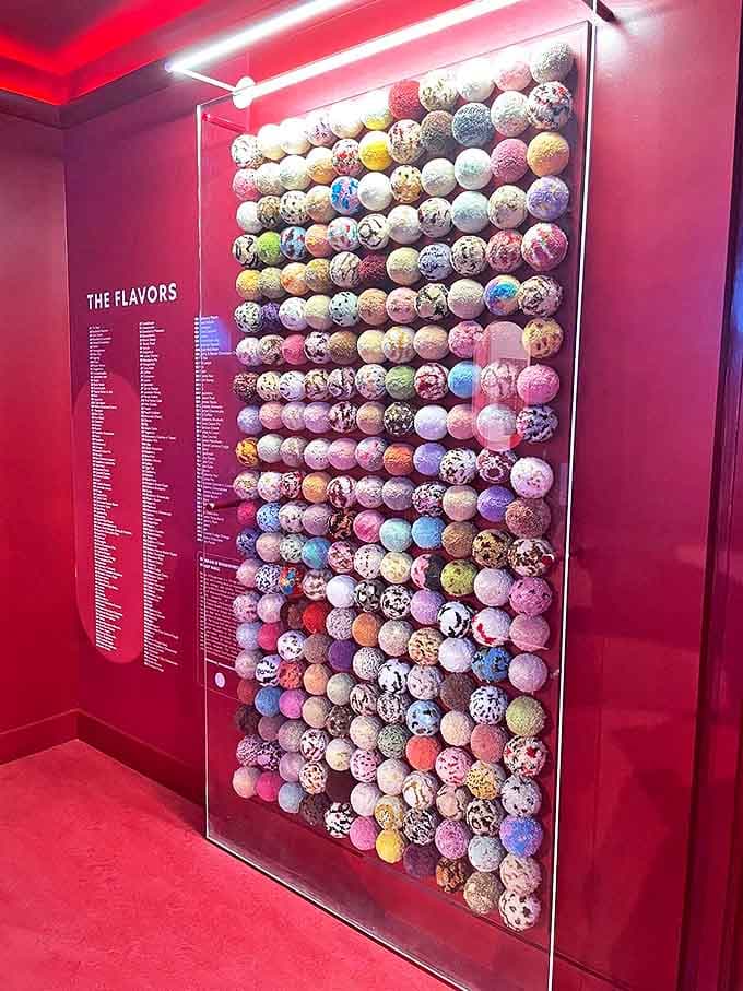 The impressive "Flavor Wall" displays hundreds of colorful spheres representing ice cream's evolution from ancient Persian treats to modern creations.