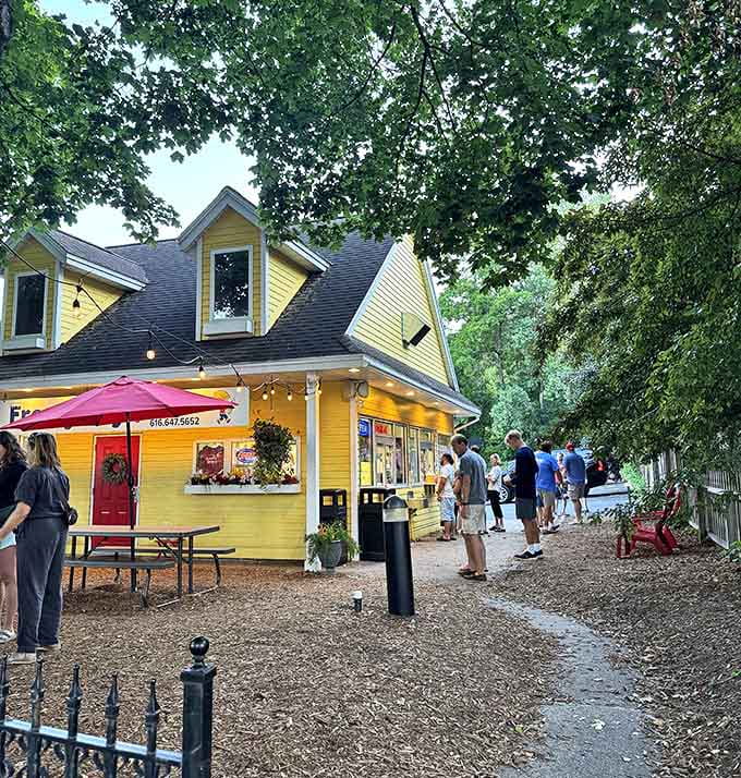 Community gathering spot: Where strangers become friends and families create memories under Michigan's summer skies.