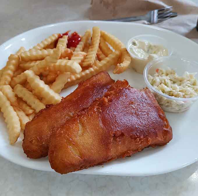 Golden fried fish with a side of crinkle-cut fries, proving that Hoagie's does more than just breakfast exceptionally well.