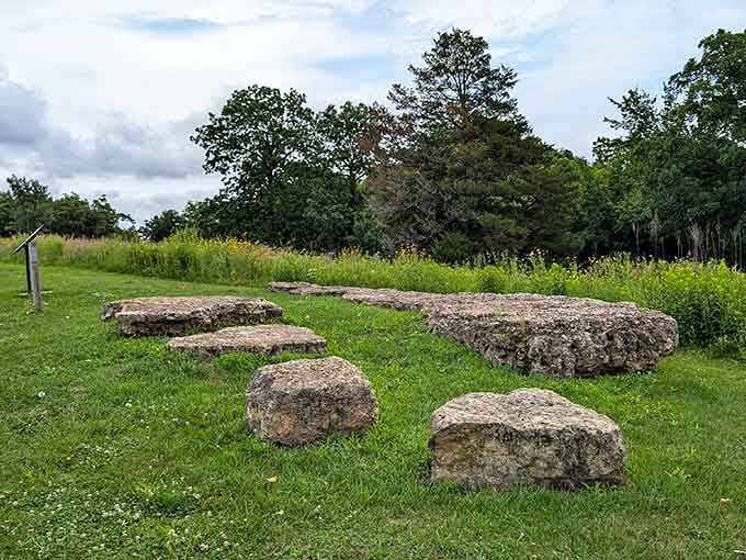 Limestone rocks scattered like nature's furniture, perfectly placed for contemplative sitting and sandwich eating.
