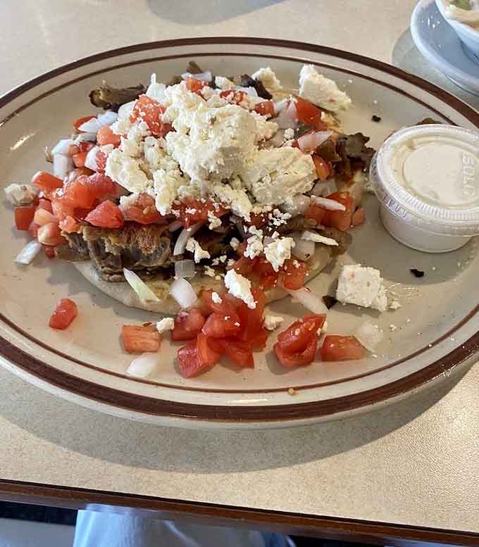 Fresh vegetables and tangy tzatziki sauce make this gyros a Mediterranean escape right in the middle of Illinois farm country.