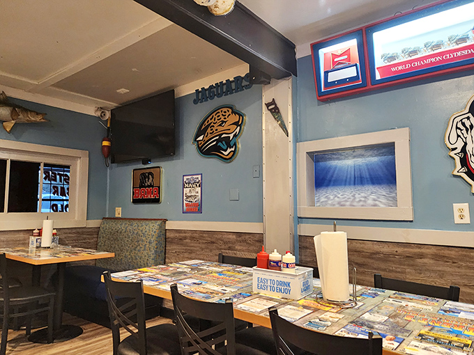 Sports memorabilia meets maritime charm in this corner where Jacksonville pride meets coastal tradition.