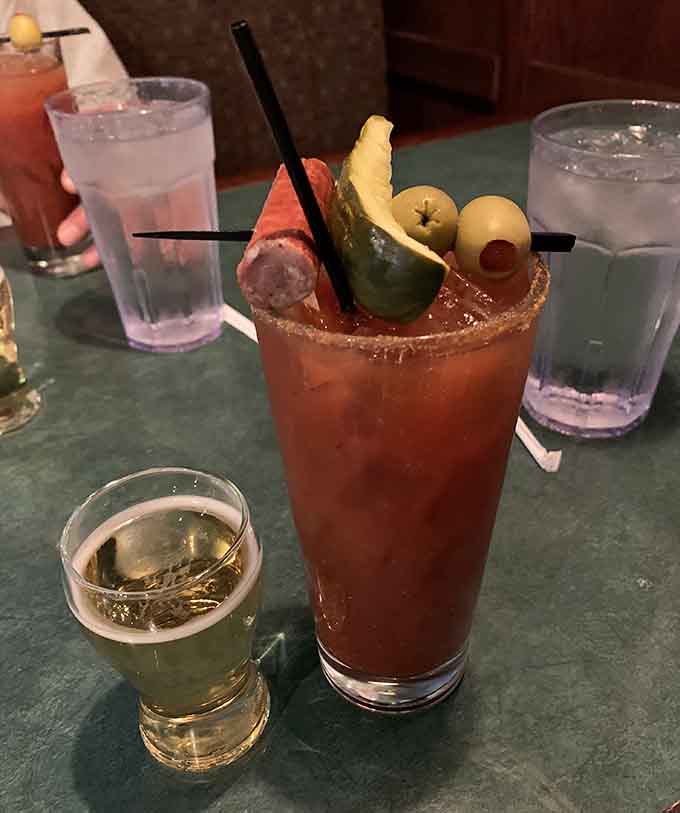 This Bloody Mary comes dressed for success, loaded with enough garnishes to qualify as a meal itself.