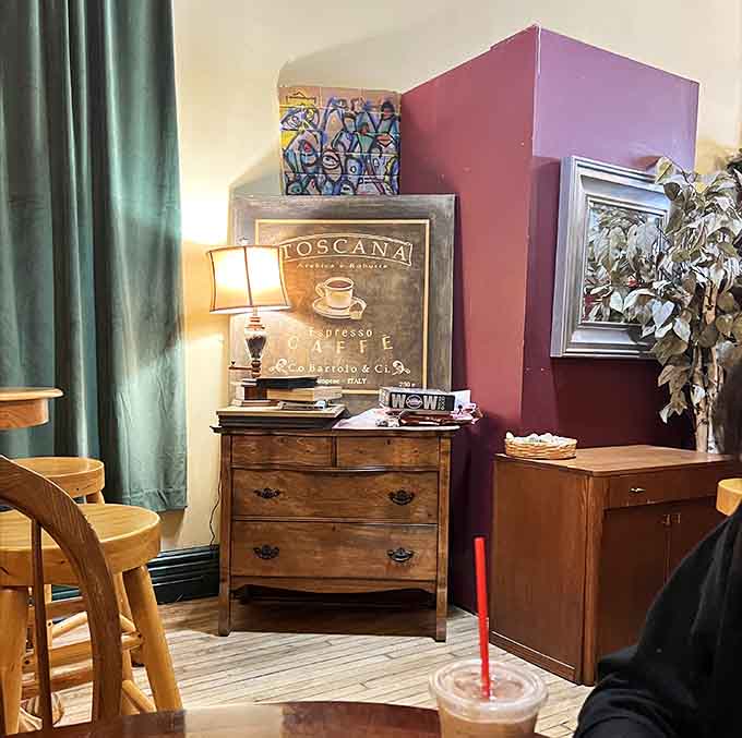 That antique dresser holding coffee supplies has seen more mornings than most of us, and it's still showing up.