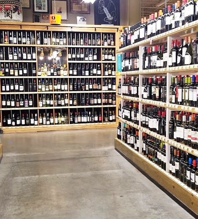 The wine section stretches on forever, stocked with bottles from every wine-producing region that matters and several that don't.