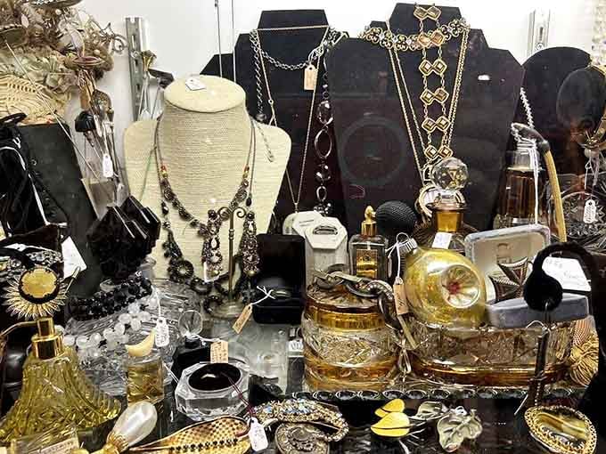 This jewelry display sparkles with costume pieces that once accessorized outfits for church, dates, and special occasions throughout the decades.